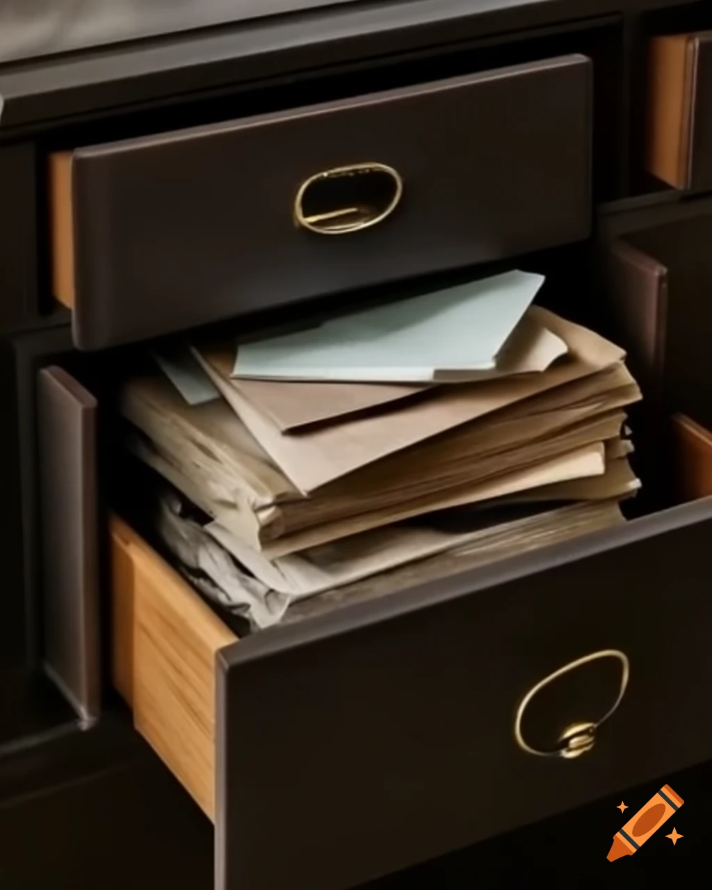 Stack of dusty documents resting in a dark drawer on Craiyon