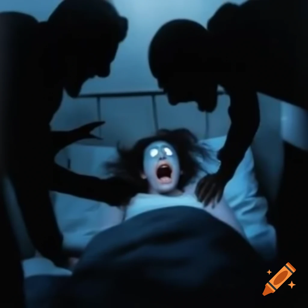 Shadowy figures hovering over a person in bed on Craiyon