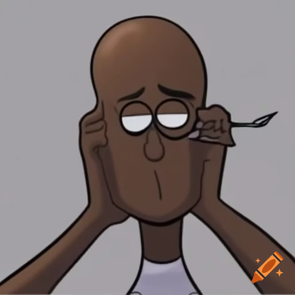 Animated cartoon character with bald head and long neck holding ...