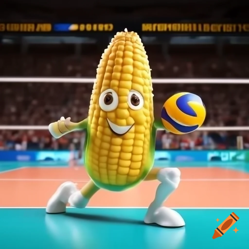 Cartoon corn character playing volleyball in indoor court with crowd on ...