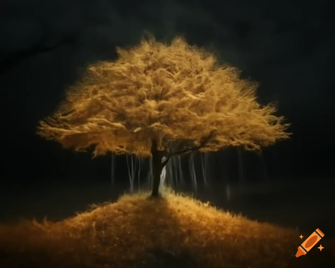 Surreal scene of oak tree with golden leaves in dark forest, long shot ...
