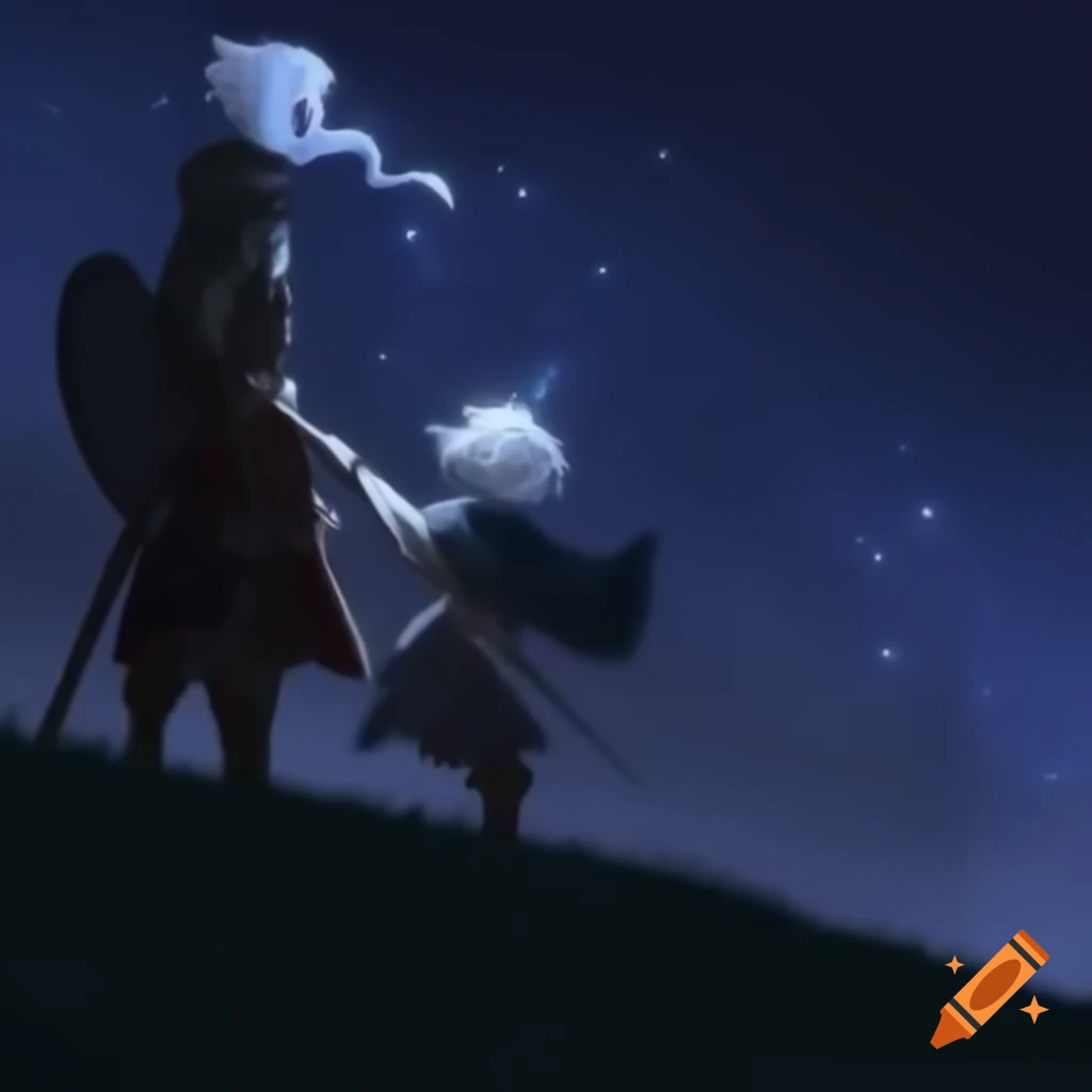 Knight carrying silver-haired warrior over dark hill under starry night ...