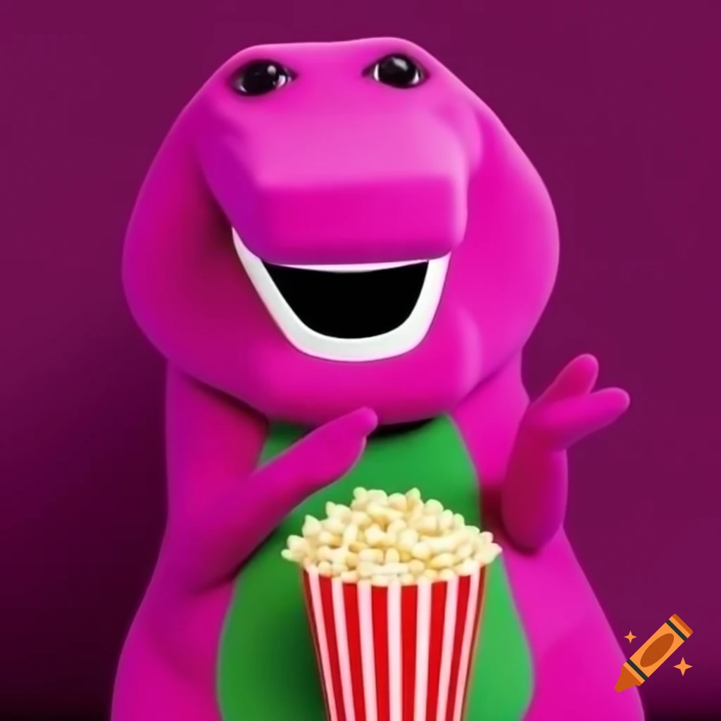 Barney character enjoying popcorn in movie theater on Craiyon