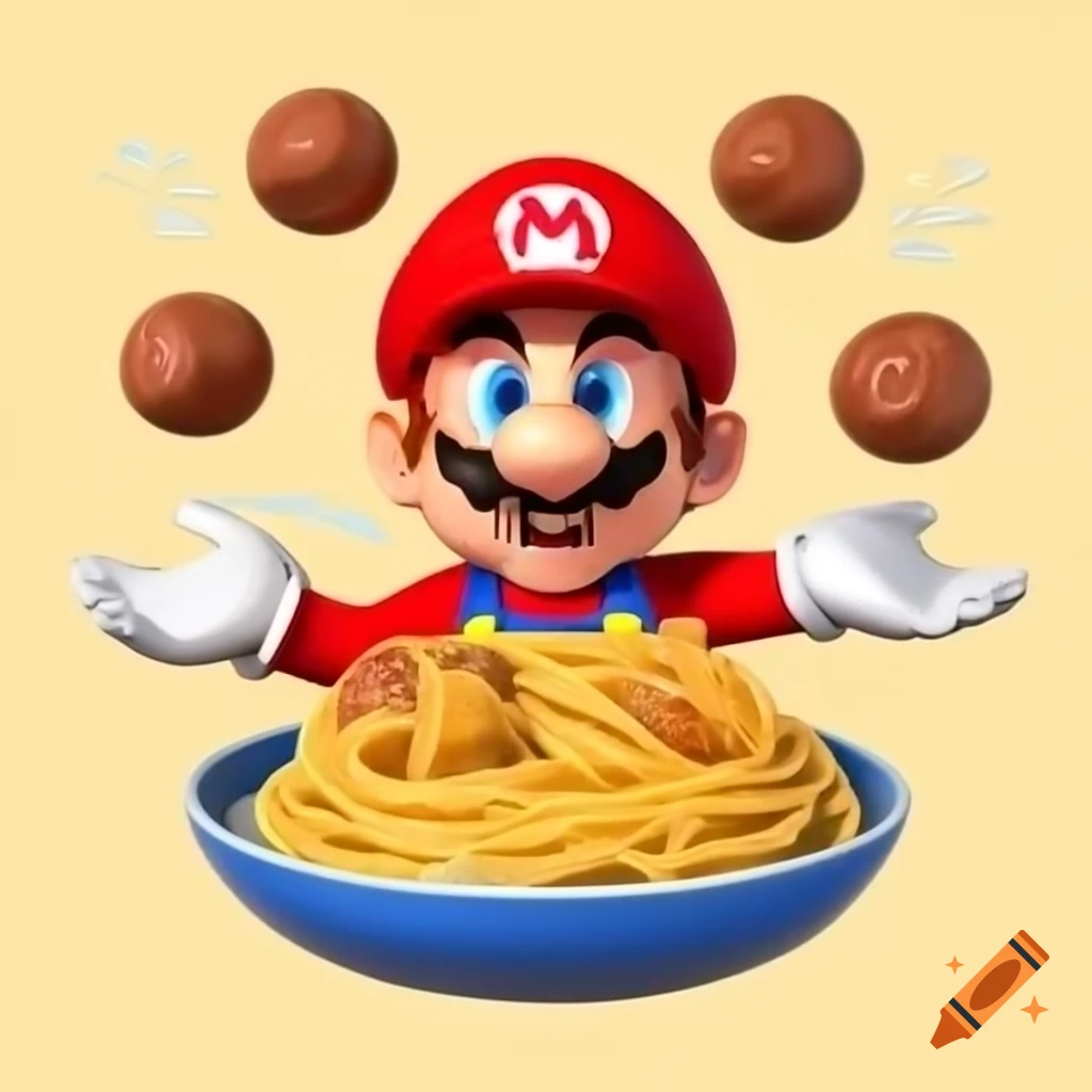 Mario enjoying spaghetti while juggling meatballs on Craiyon