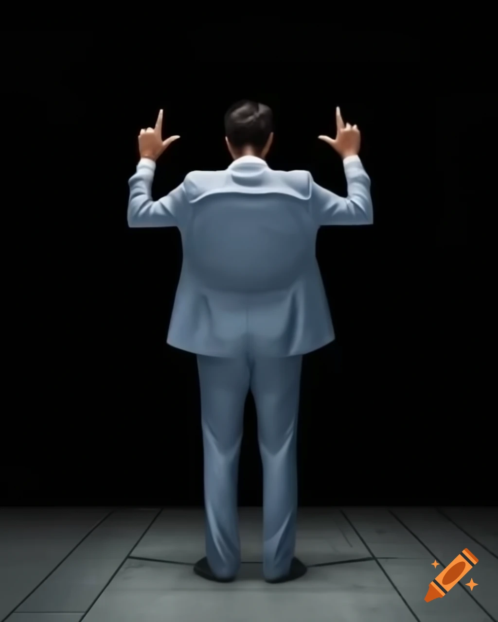 Animated man in disheveled suit making gestures against black ...