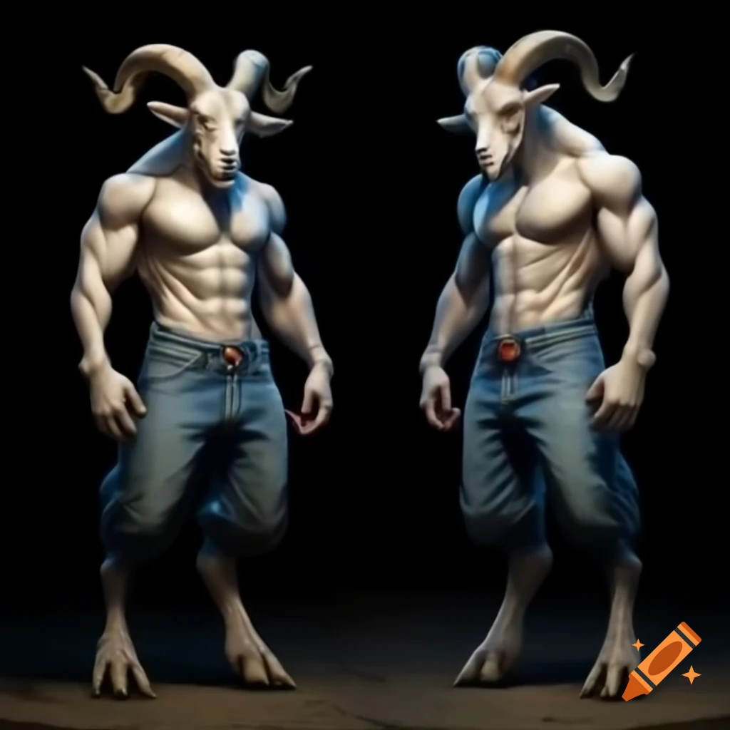 Realistic goat-headed demon with large horns and muscular legs ...