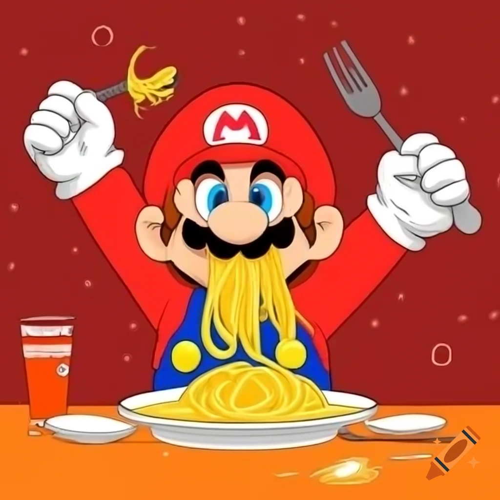 Mario enjoying a plate of spaghetti on Craiyon