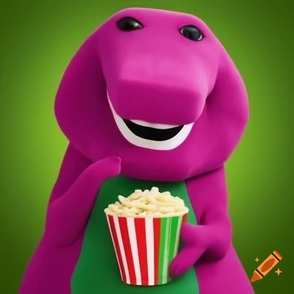 Barney character enjoying popcorn in movie theater on Craiyon