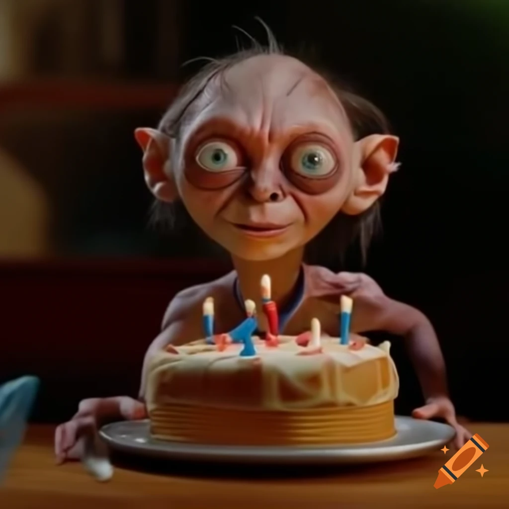 Gollum holding a birthday cake on Craiyon