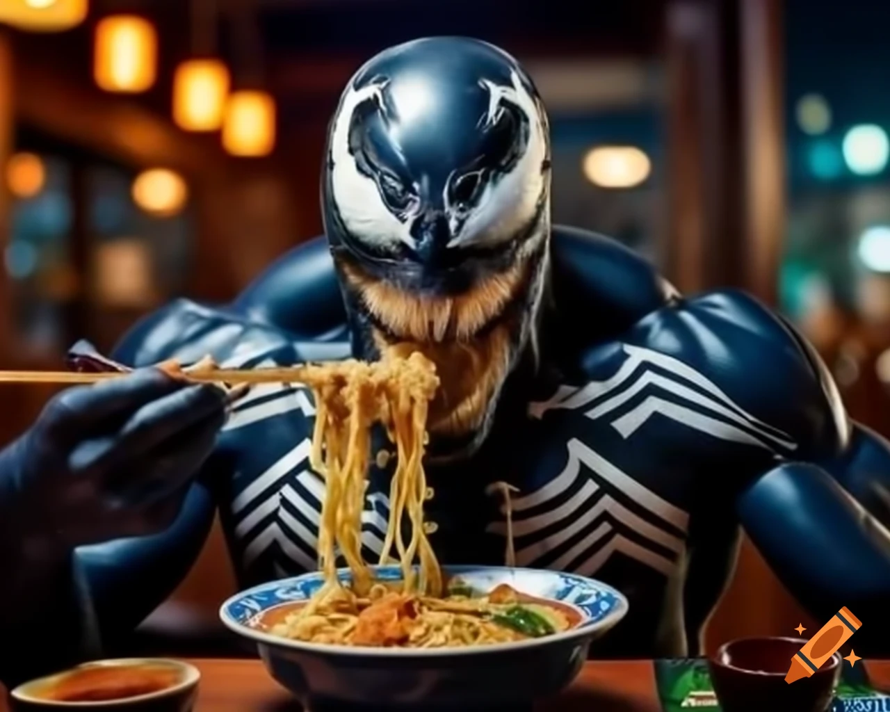 Venom character eating instant ramen on the street, raw photography on ...