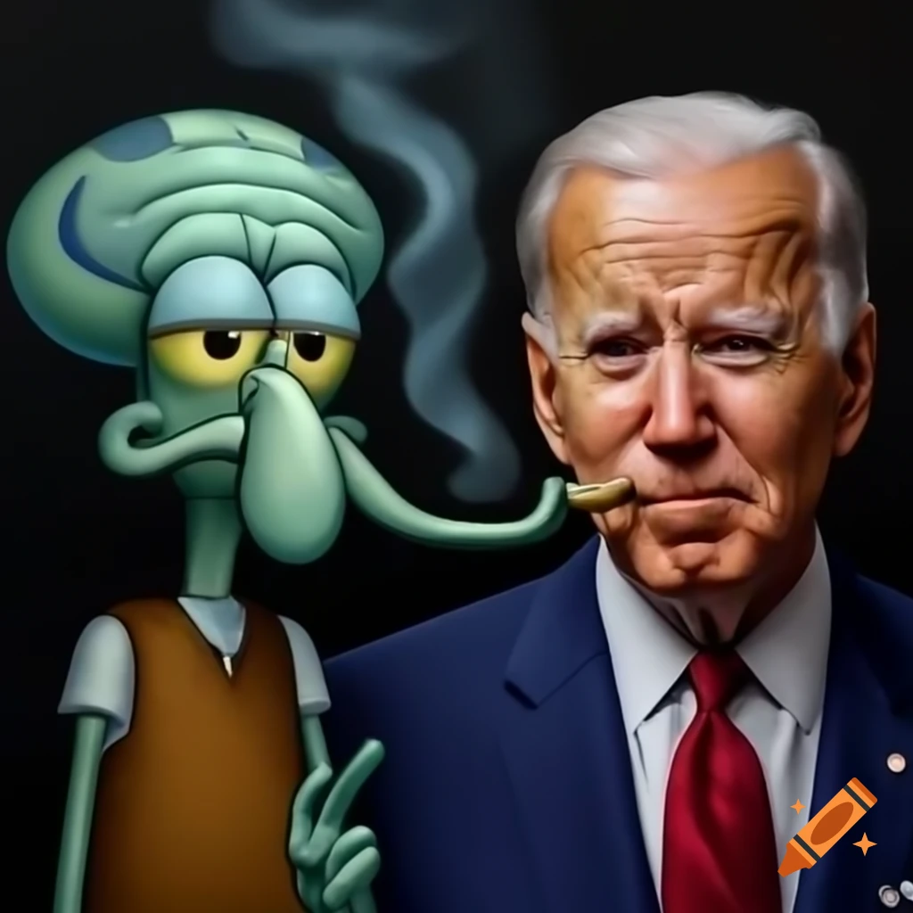 Squidward and joe biden in realistic art style, smoking on Craiyon