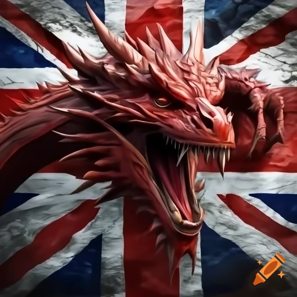 A green Welsh dragon stands prominently against a Union Jack flag ...
