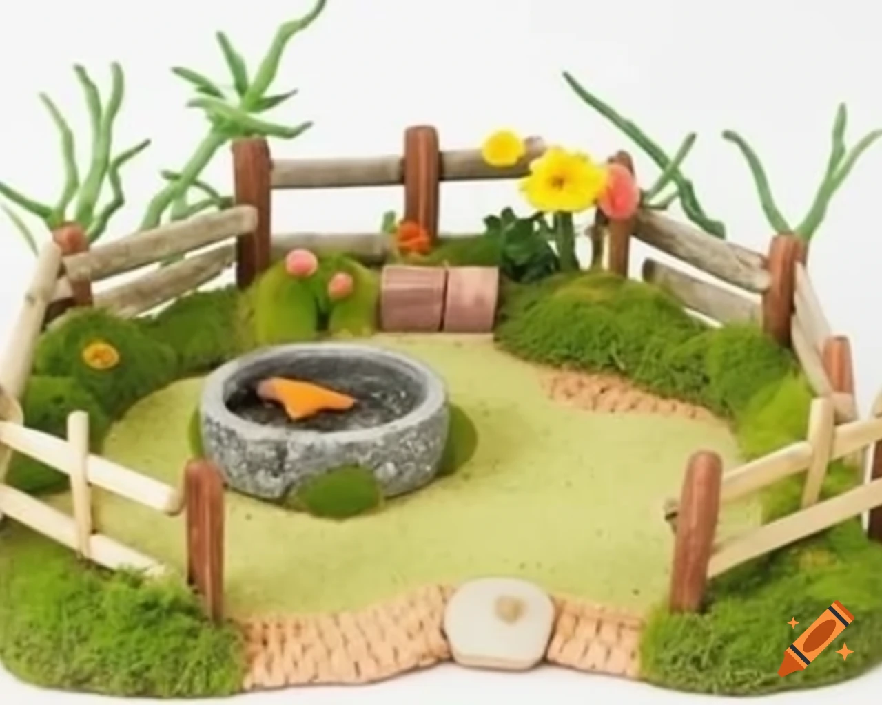 Miniature diorama of a garden with flowers, wooden fences, and a well ...