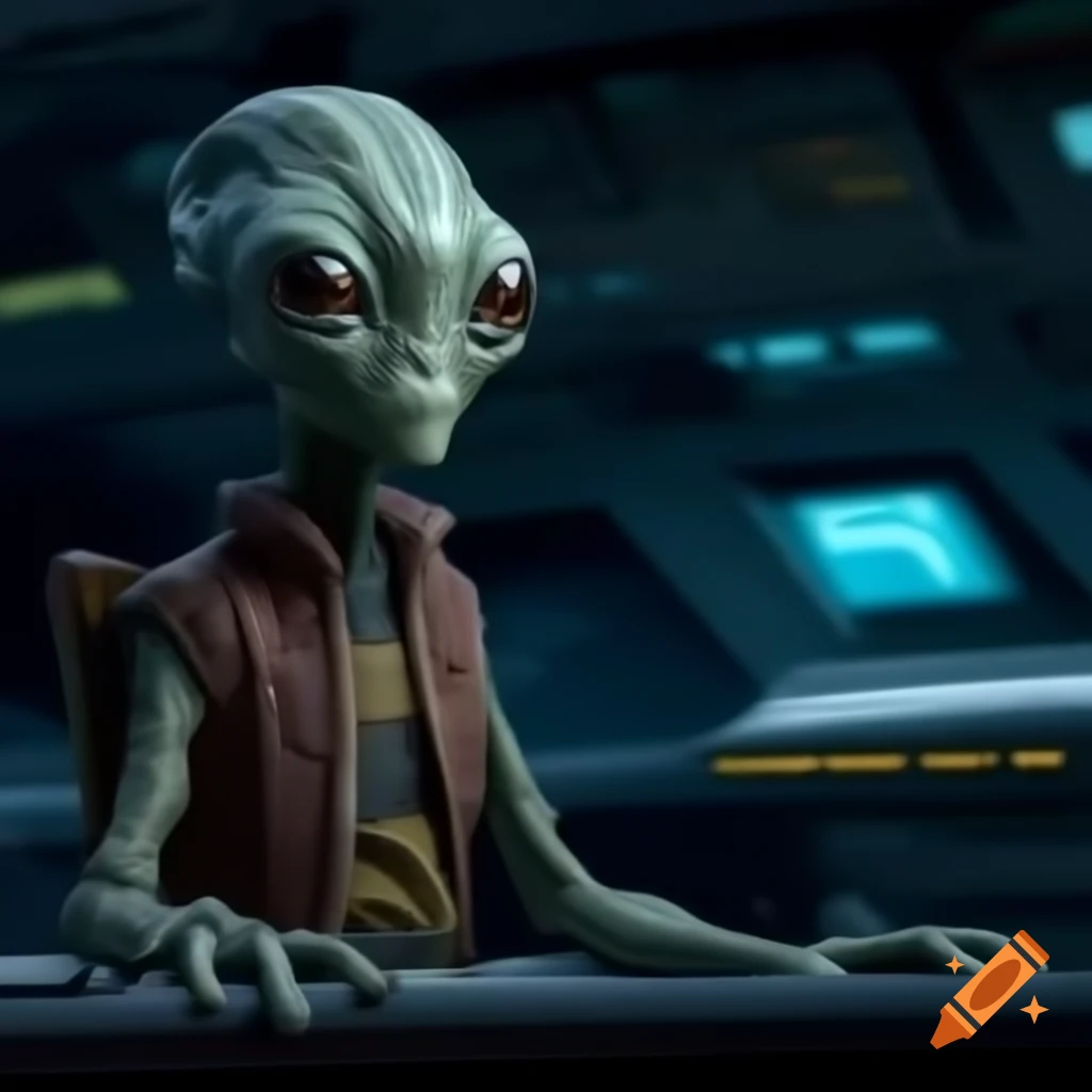 Alien captain aboard a futuristic spaceship on Craiyon