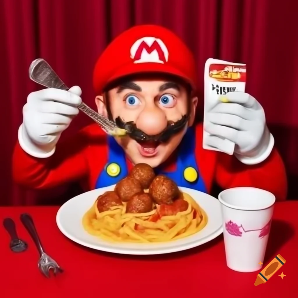 Mario enjoying spaghetti and meatballs on Craiyon