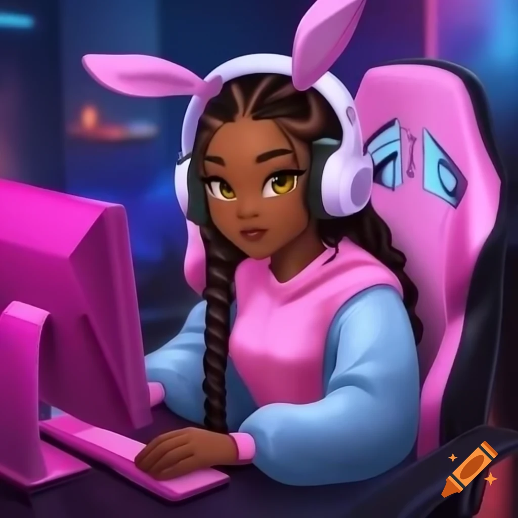African American Female Gamer With Box Braids In Pink Gaming Chair African American Female Gamer With Box Braids In Pink Gaming Chair
