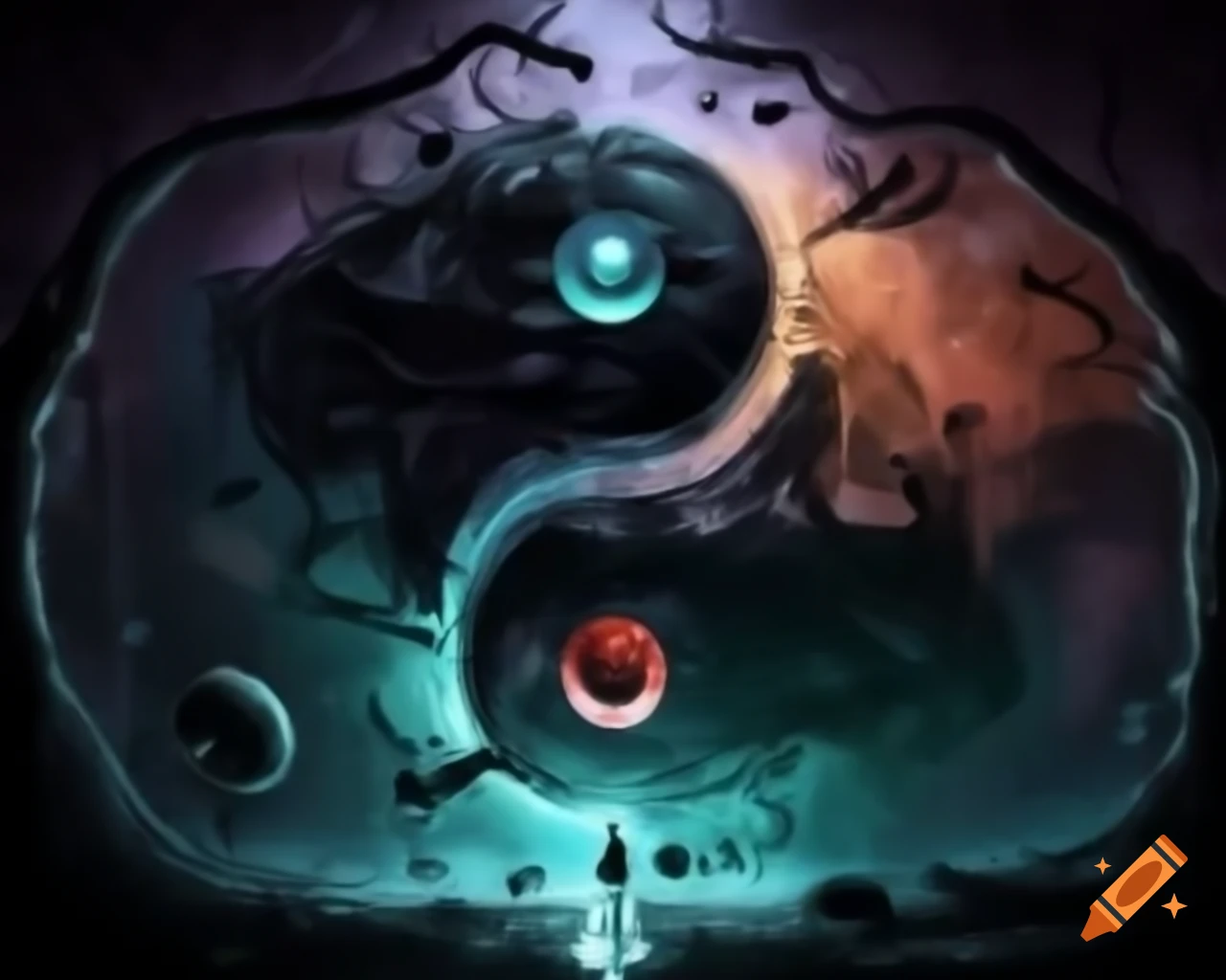 Surreal fantasy illustration in halloween theme featuring yin and yang ...