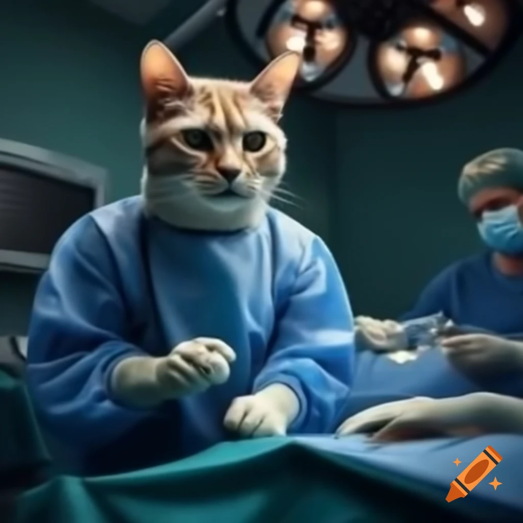 Humanoid cat dressed as a surgeon in an operating room on Craiyon