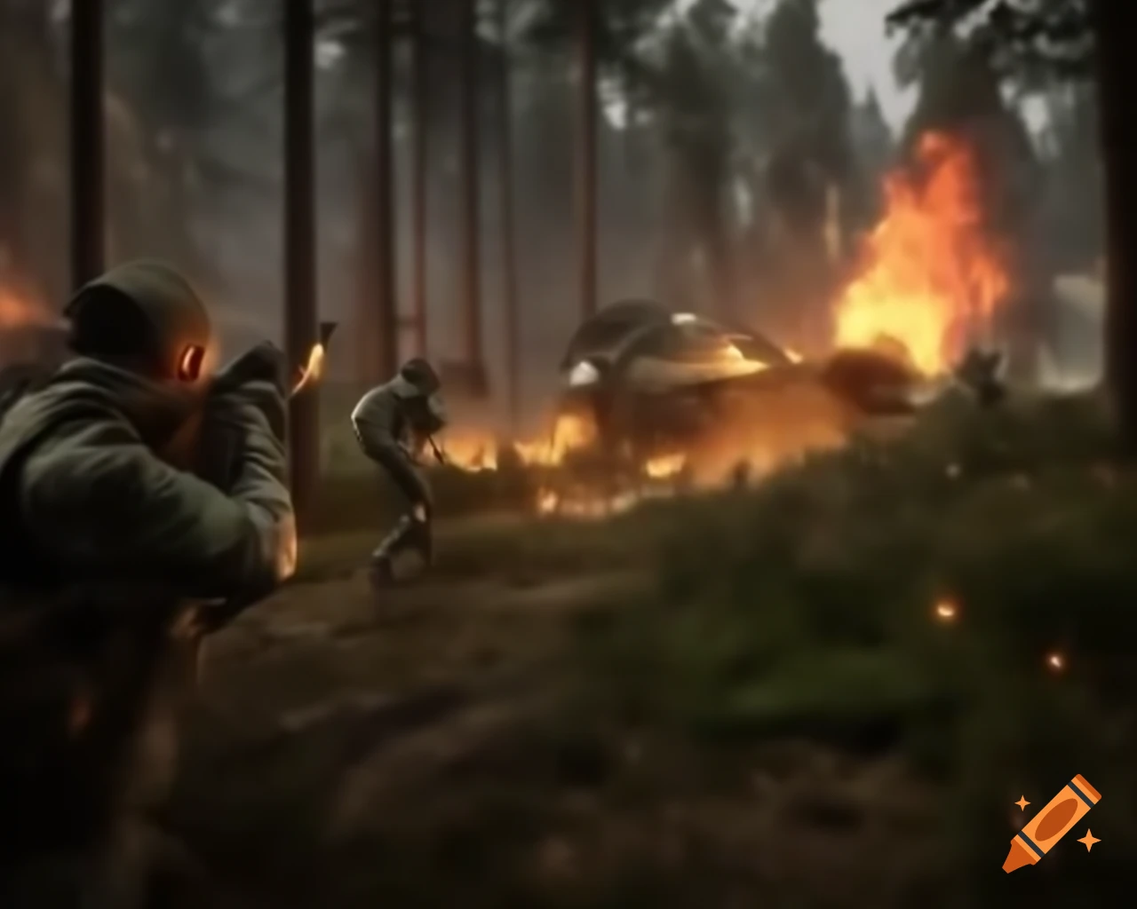 Intense forest battle scene with burning trees and soldiers in ...