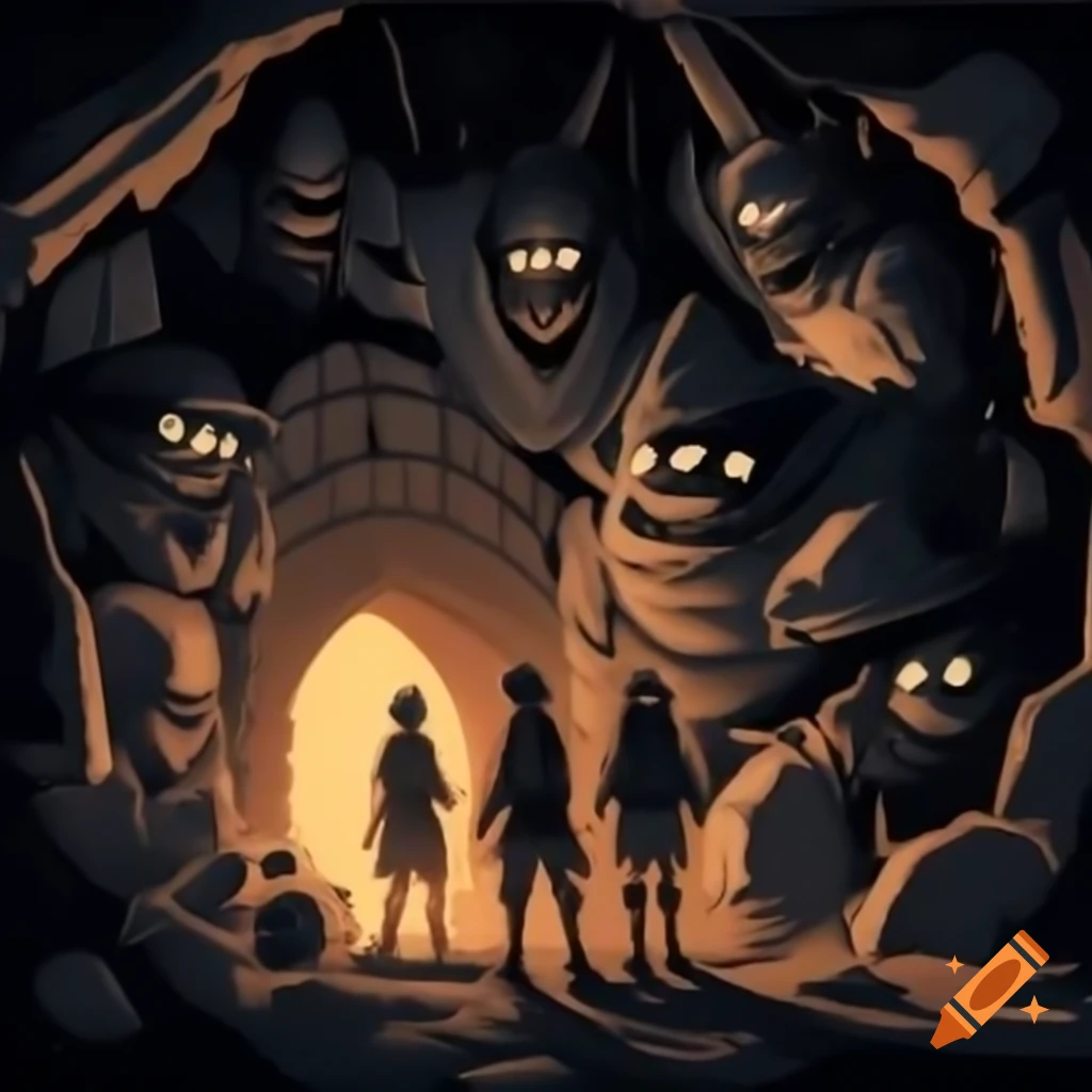 Group of adventurers exploring a dungeon in black and white with sharp ...