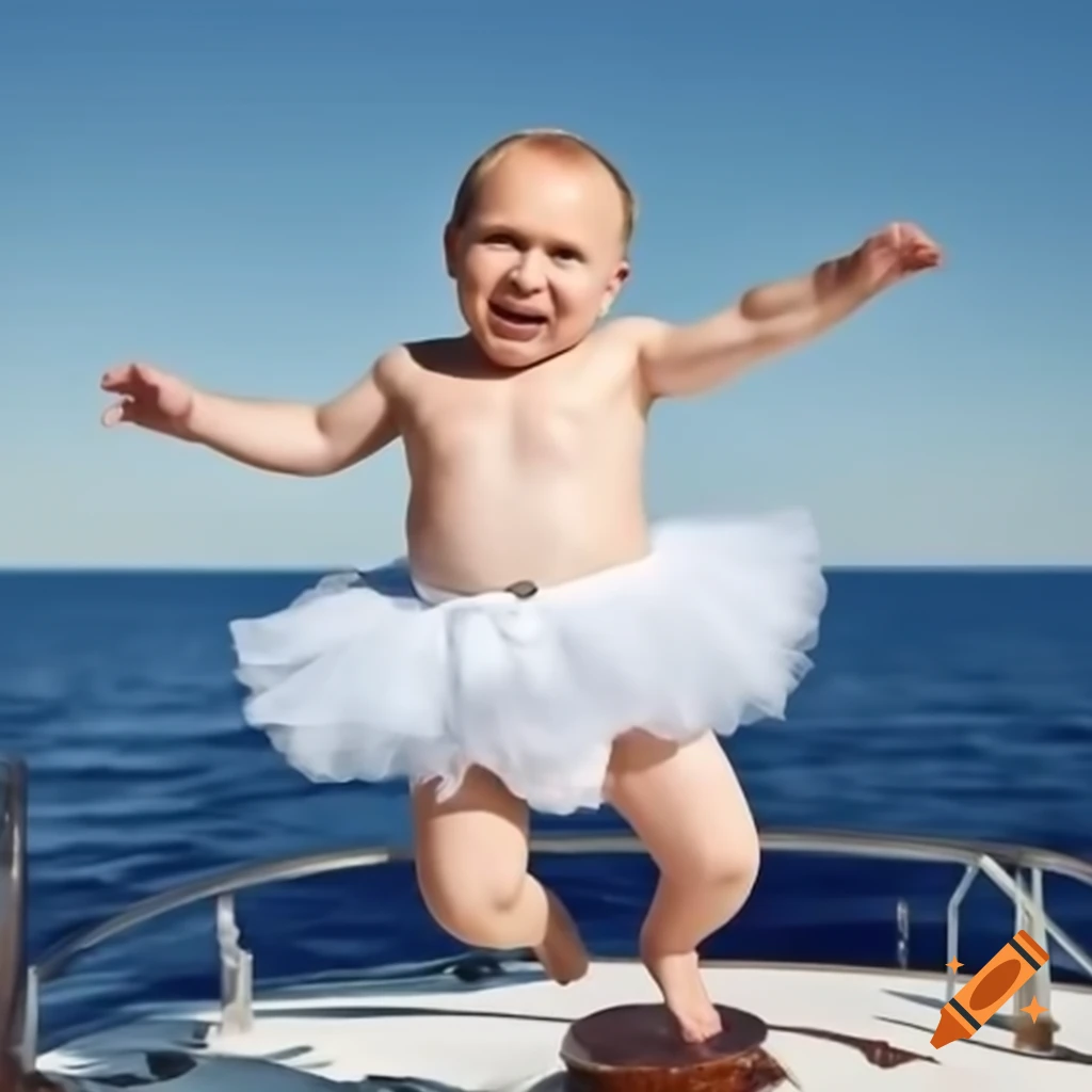 Satirical portrait of a man in a tutu doing jumping jacks on a yacht on ...