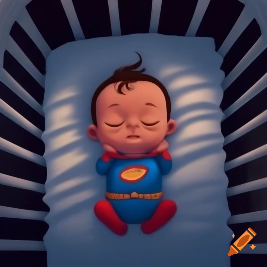 Baby superhero peacefully sleeping in a crib on Craiyon