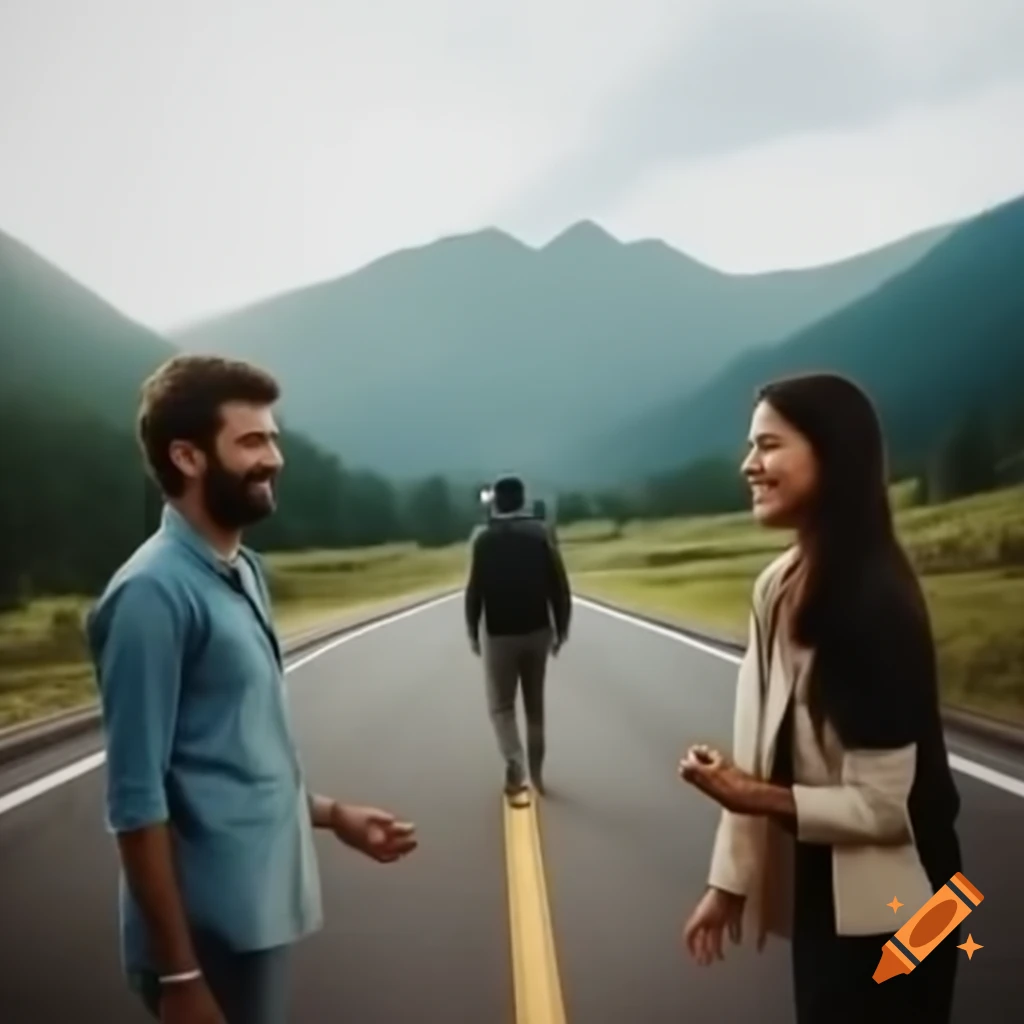Man smiling at woman while walking on road in green mountainous area ...