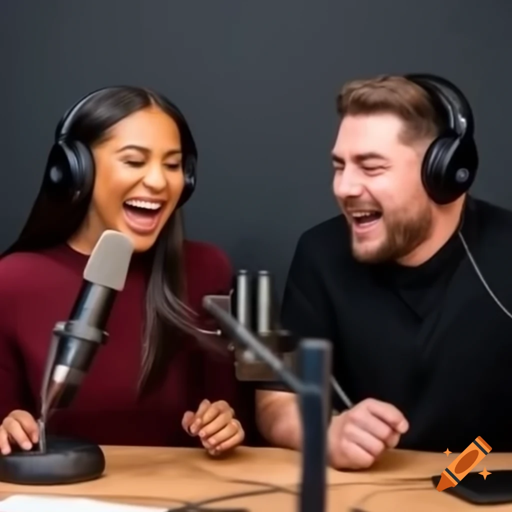 Two females and one male podcasting at a desk with microphones and ...