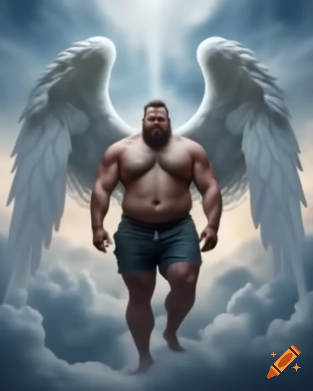 Big muscular angel and human male boyfriend in heavenly clouds on Craiyon
