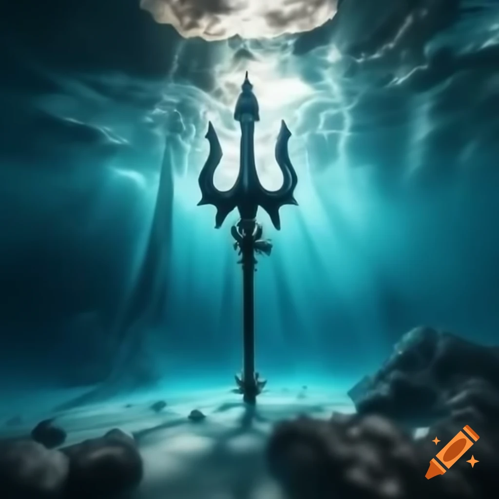 Majestic trident in crystalline waters with light reflections on Craiyon