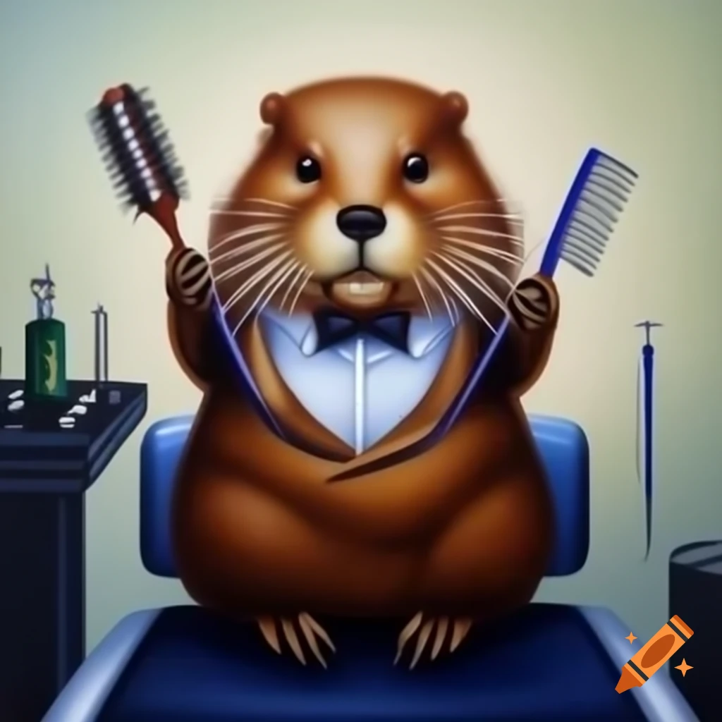 Dapper beaver styled as hairstylist grooming a customer's hair on Craiyon