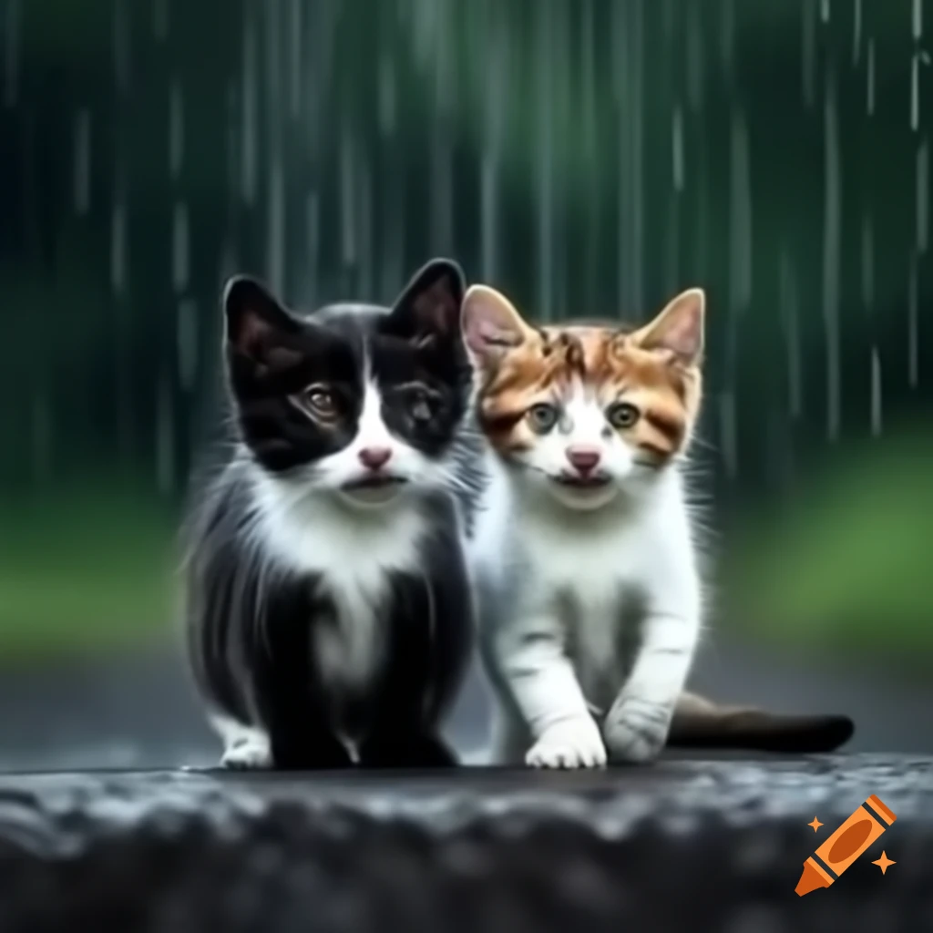 Two black and white kittens and one brown kitten scared in the rain on ...