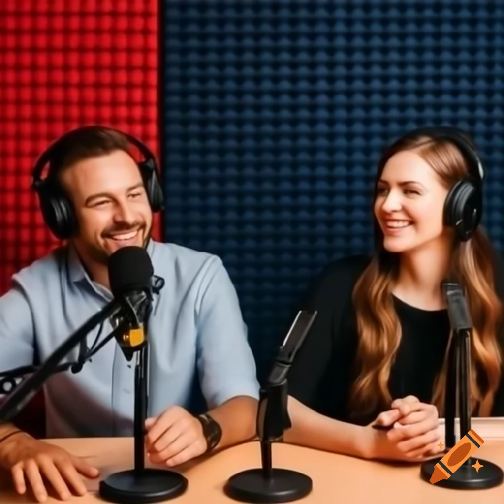 Podcast hosts, man and woman, discussing with microphones at desk on ...