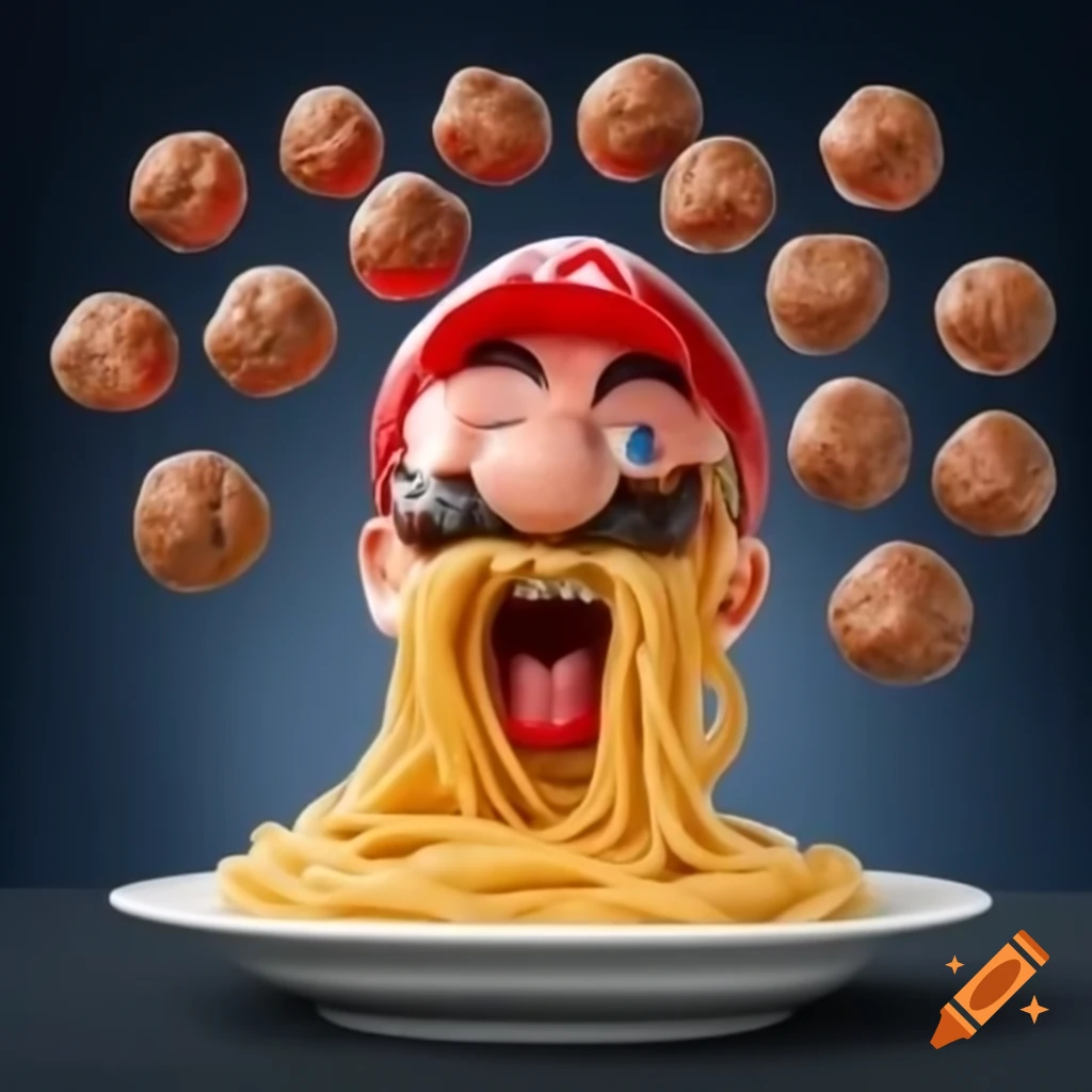 Mario enjoying spaghetti while juggling meatballs on Craiyon