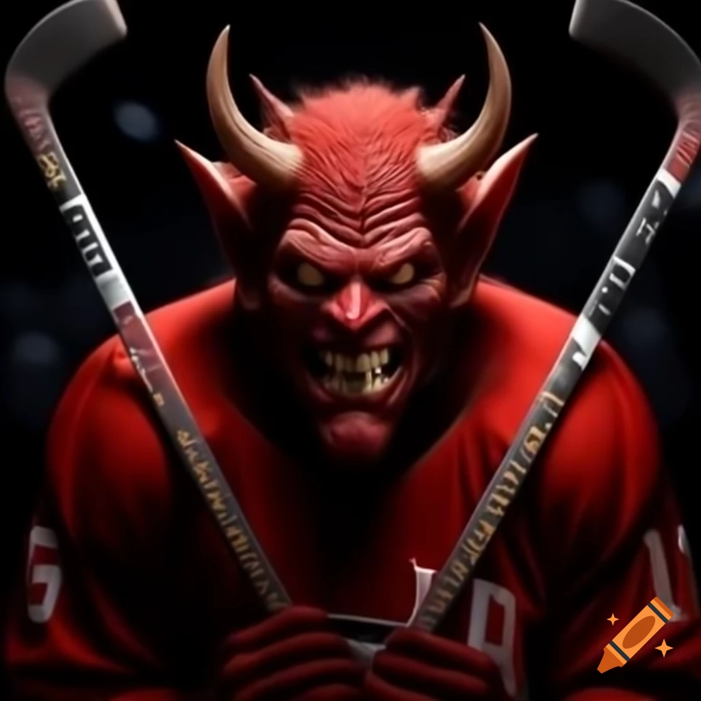 Devil holding hockey sticks on Craiyon