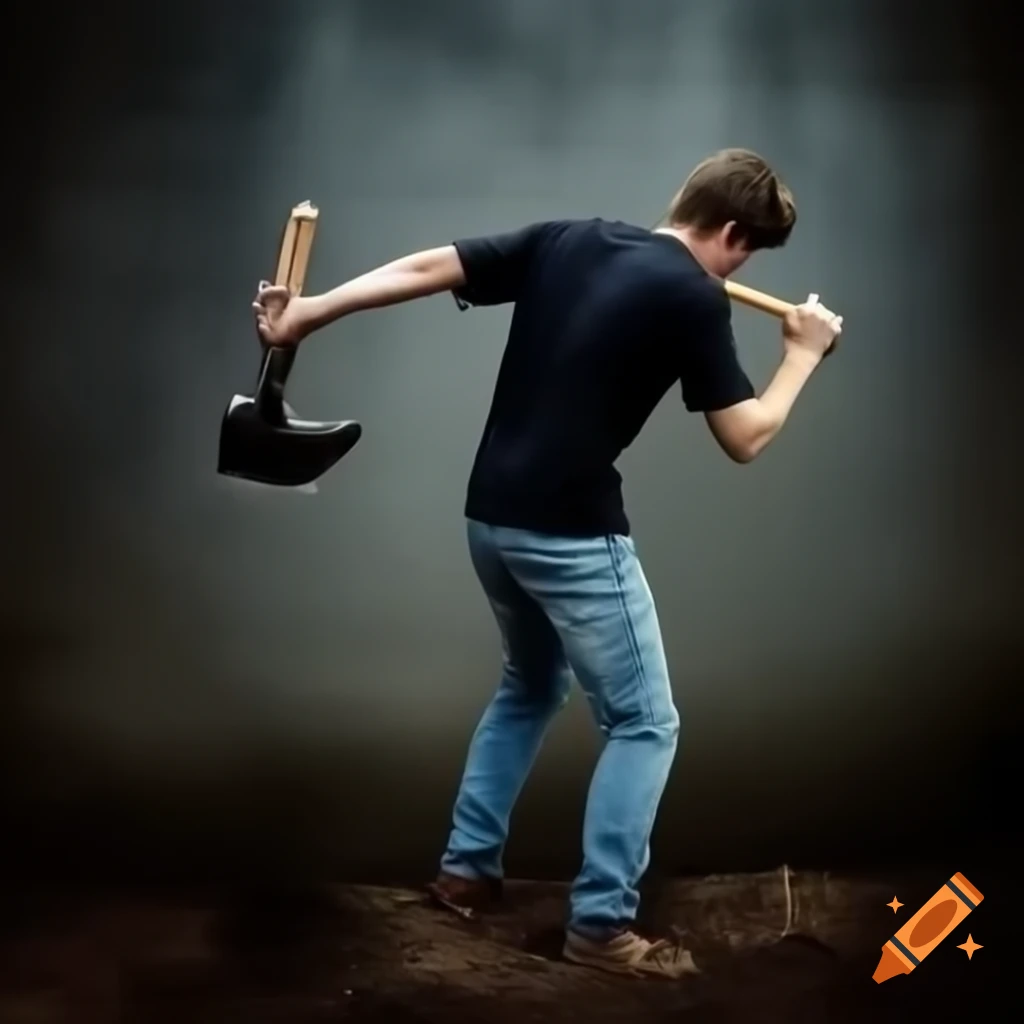 Young man with axe in hand standing and feeding on the ground on Craiyon