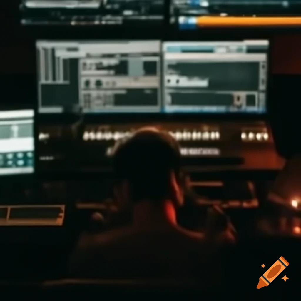 Music producer working on music production from behind on Craiyon