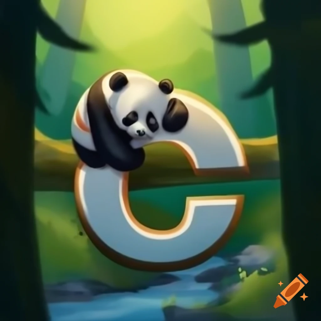 Cute panda hugging giant letter C in forest with river background on ...