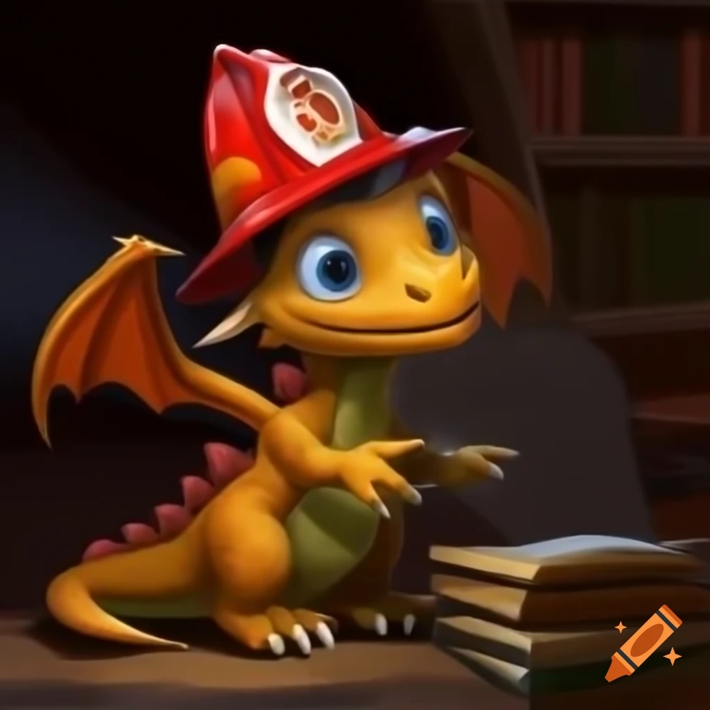 Baby dragon wearing fireman hat, themed character on Craiyon