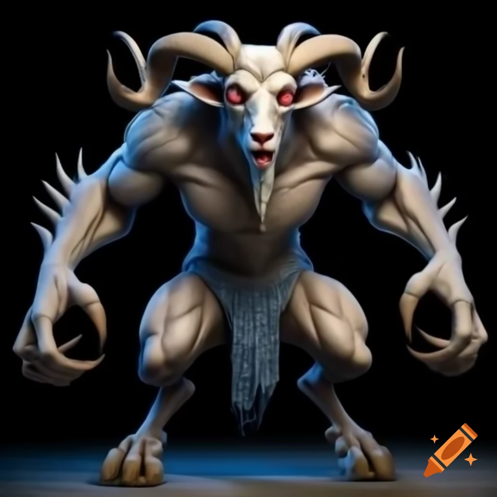 Powerful goat-headed demon with large horns and muscular legs in a ...