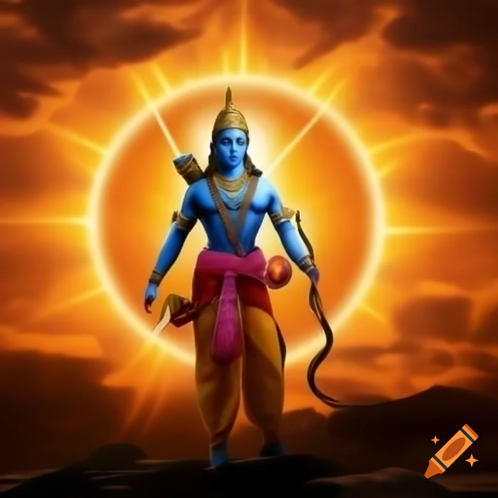 Lord rama standing with bow at the center of a rising sun on Craiyon