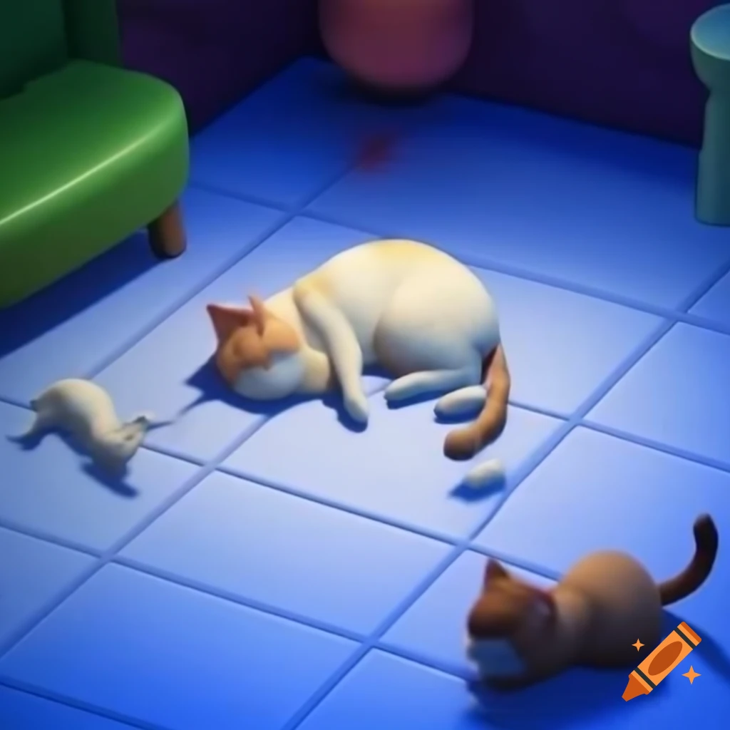 Three cats resting on light blue tiled floor in 3D Pixar style on Craiyon