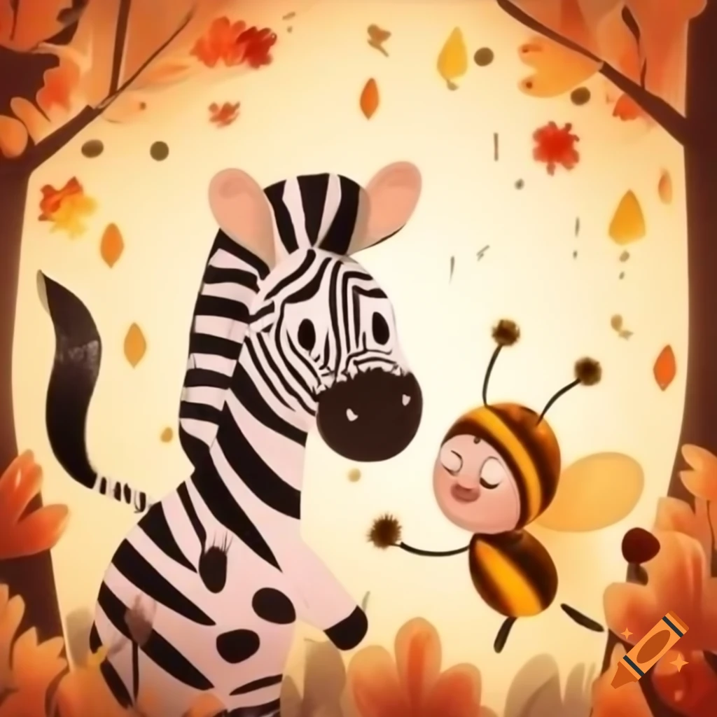 Zebra and bee enjoying autumn day together with playful tails on Craiyon