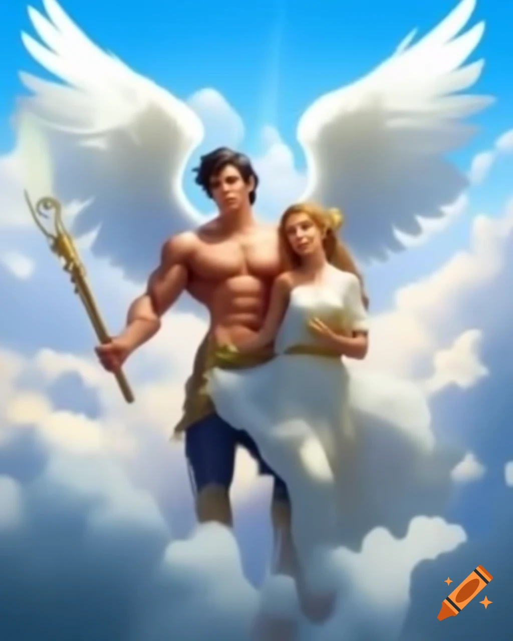Muscular angel and human boyfriend in heavenly cloud setting on Craiyon