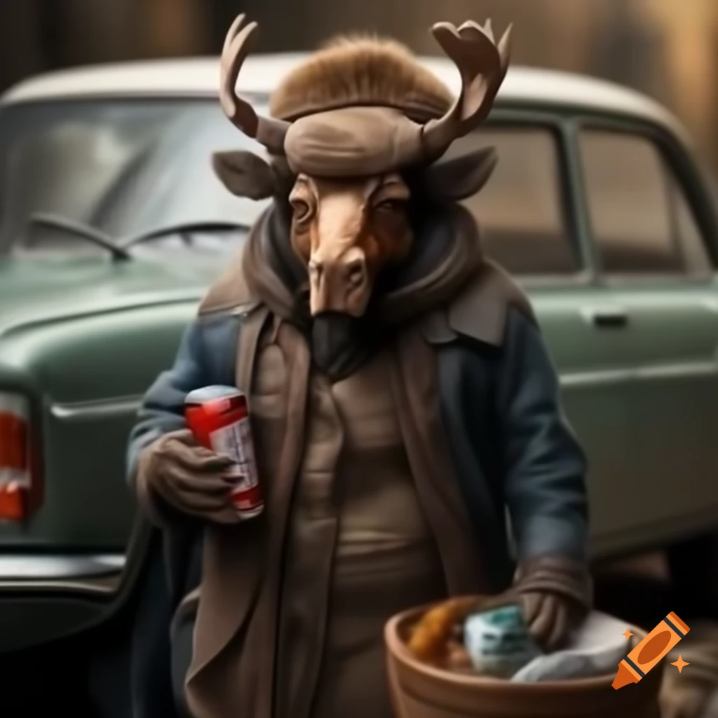 Mythical creature with human body and moose head in babka dress beside ...