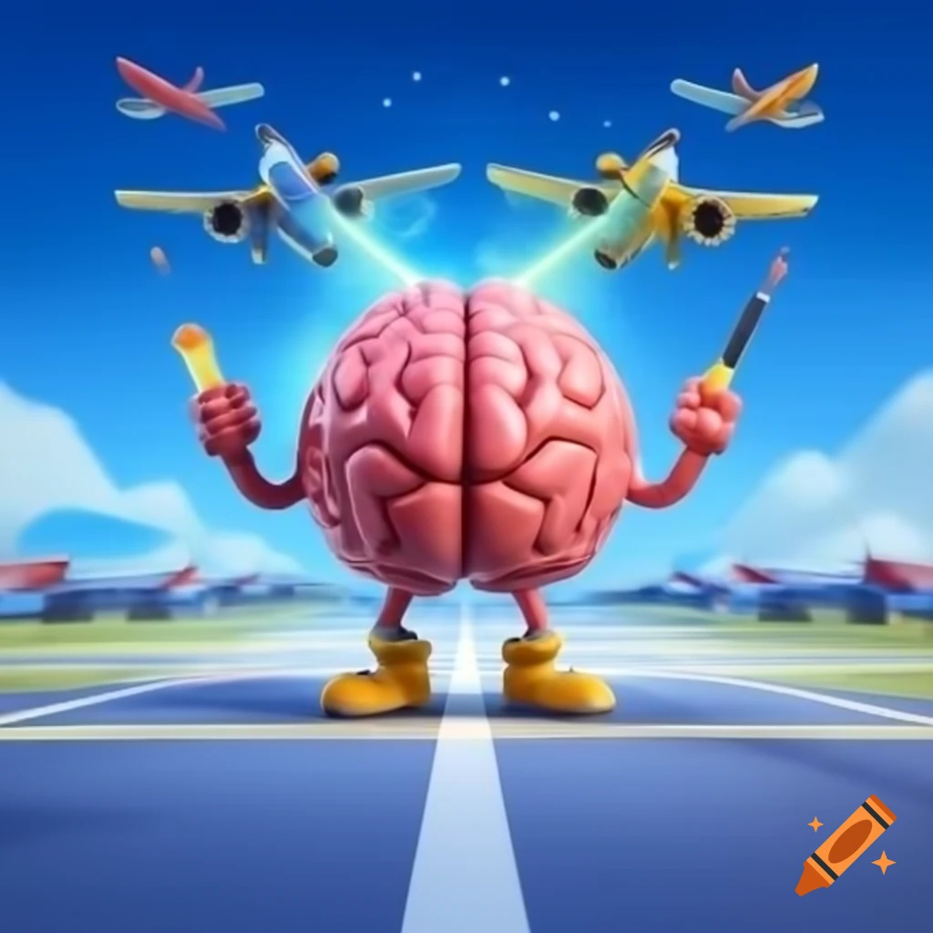 Colorful cartoon brain with magical wand on dazzling airport runway on ...