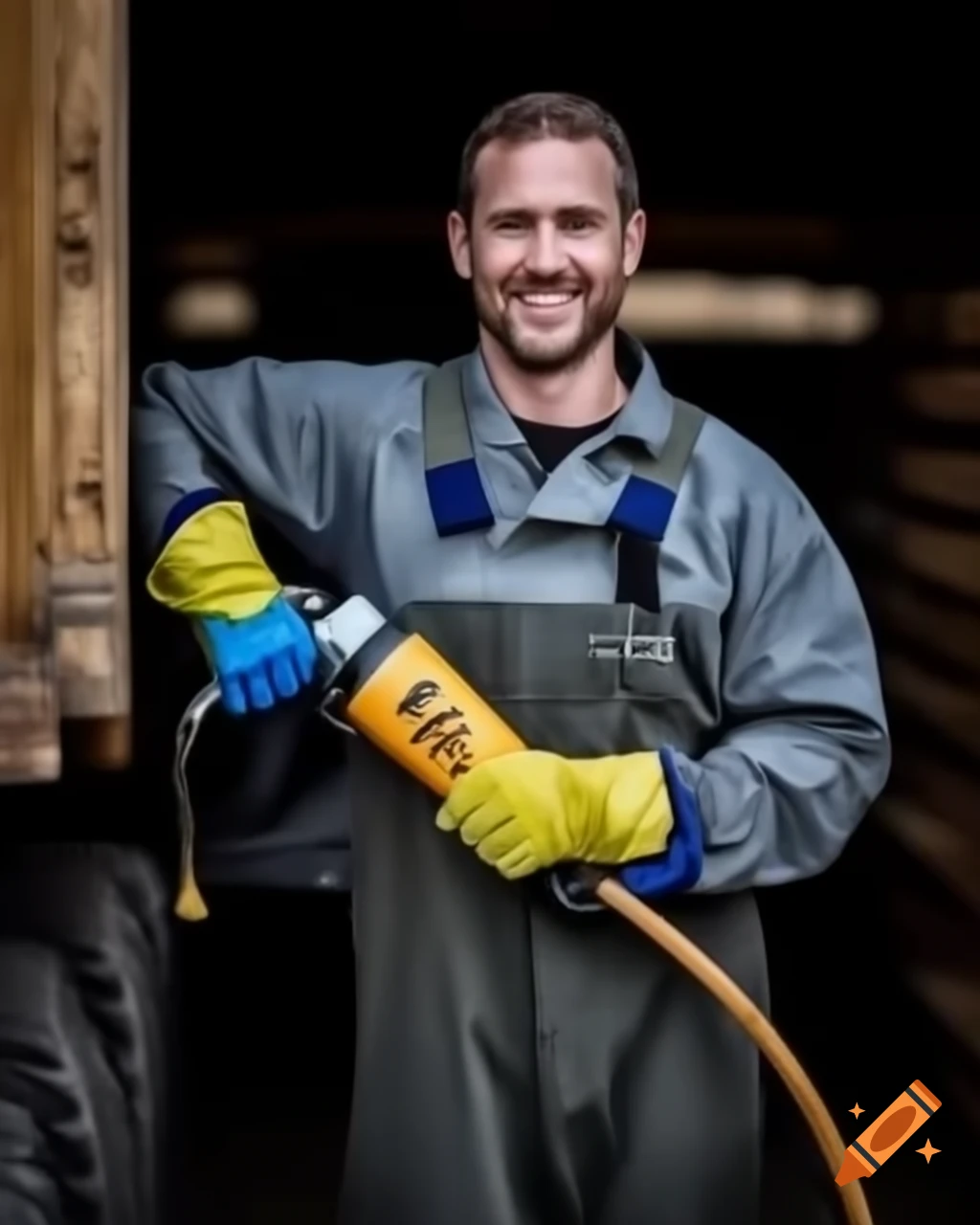 Exterminator in protective gear spraying wooden structure for termite ...