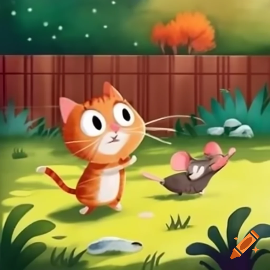 Cat playing with rat in backyard on Craiyon