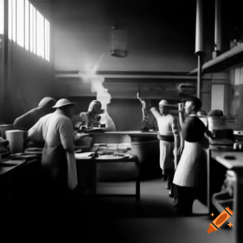 Cooks taking a break in industrial kitchen, leaning against wall on Craiyon