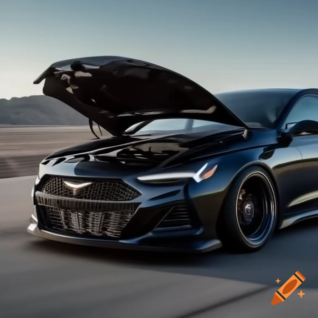 Black 2024 Malibu car with lowered stance and hood removed on Craiyon